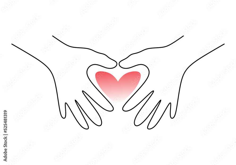 One continuous single line hand drawing of two hands with love symbol ...