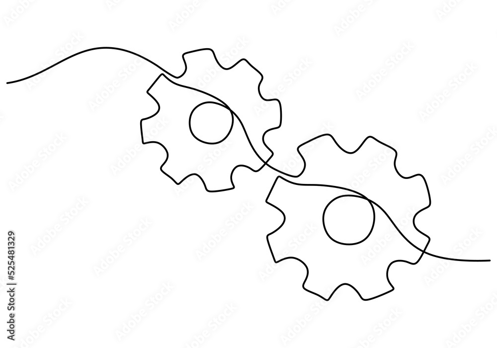 One continuous single line hand drawing of two gears isolated on white ...