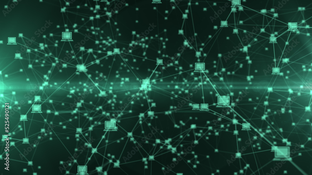 Plexus silhouettes of computer connected to big network and rotate on a ...