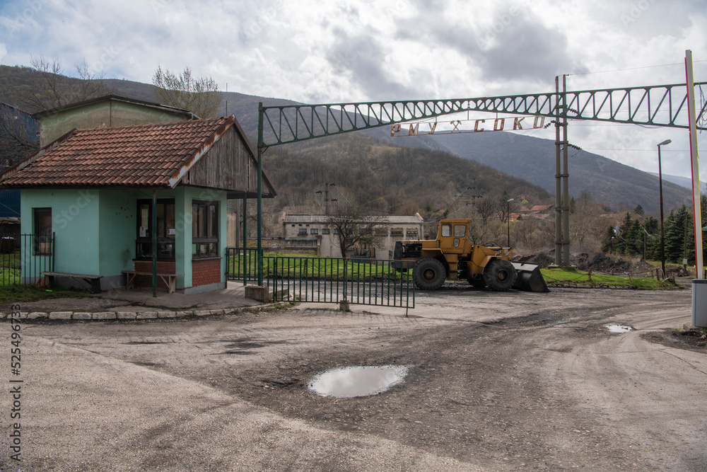 Main entrance and table sign to Rudnik Soko, brown coal and copper mine ...