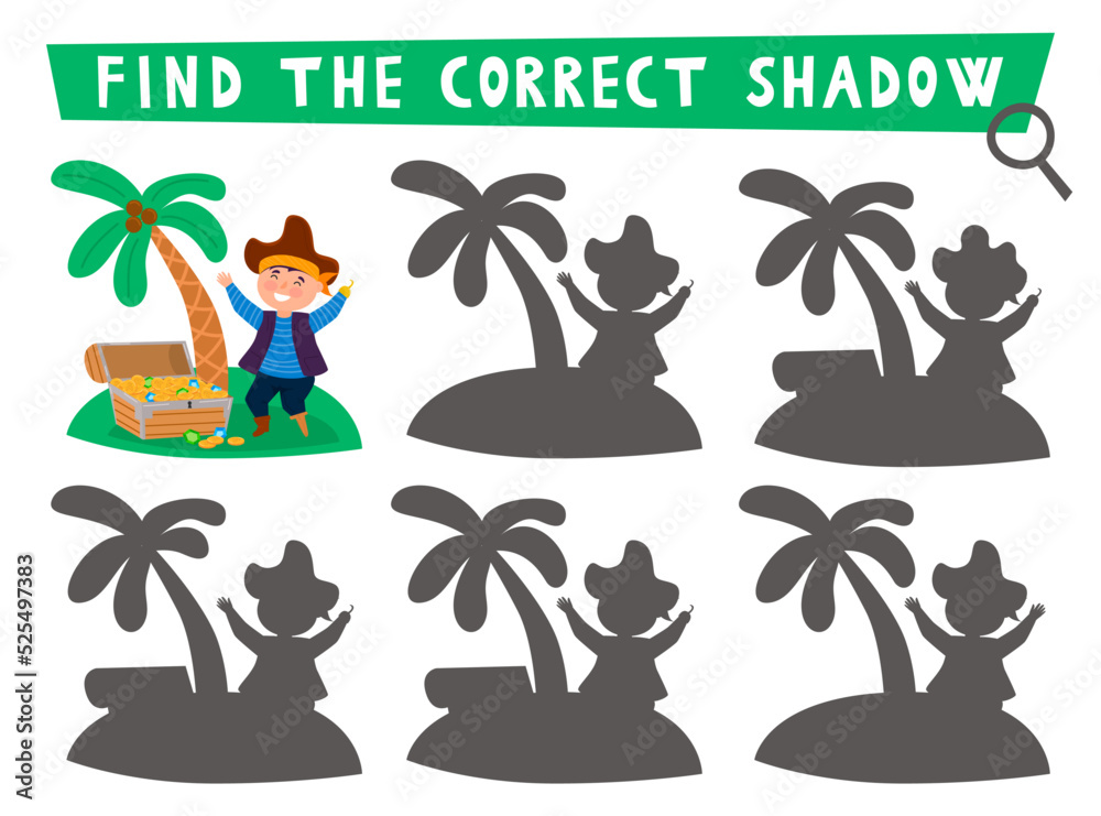 Pirate shadow matching activity. Treasure island hunt puzzle with cute ...