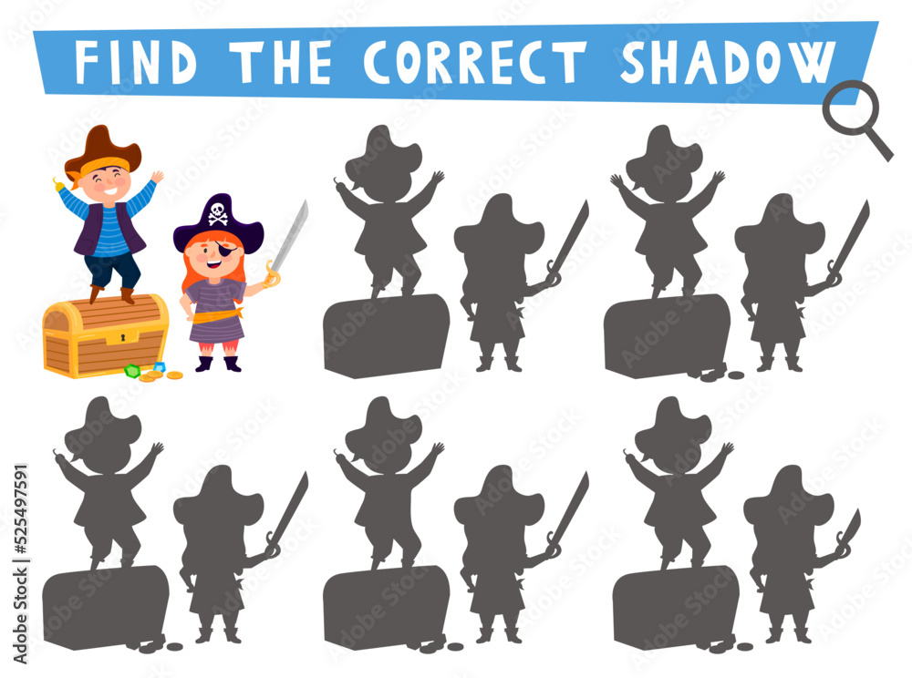 Pirate shadow matching activity. Treasure island hunt puzzle with cute ...