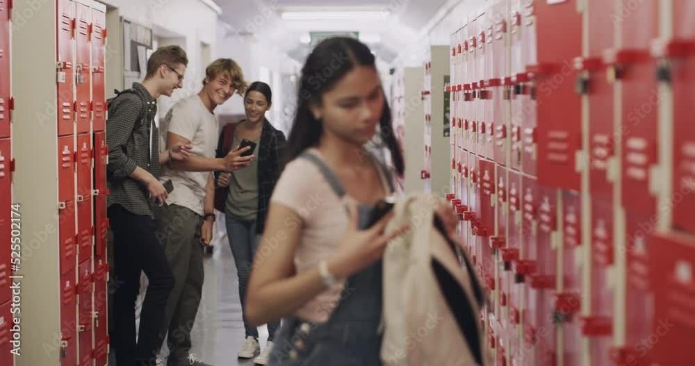 Bullying, depression and stress for sad high school girl at the locker ...