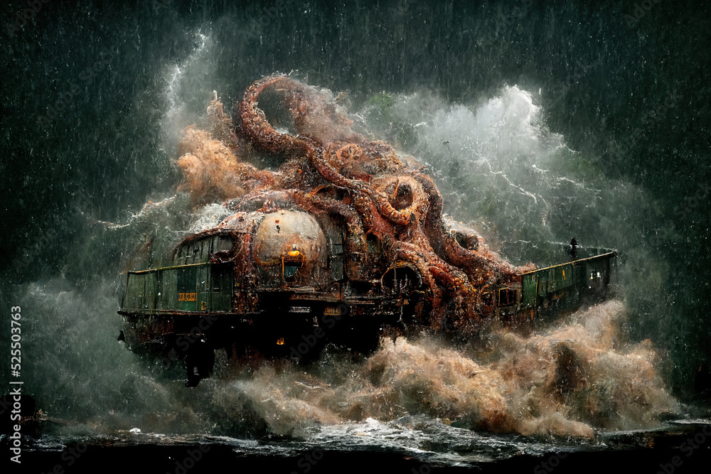 Octopus Monster Crawls on a Boat. Ship in Sea Storm Fighting Huge ...