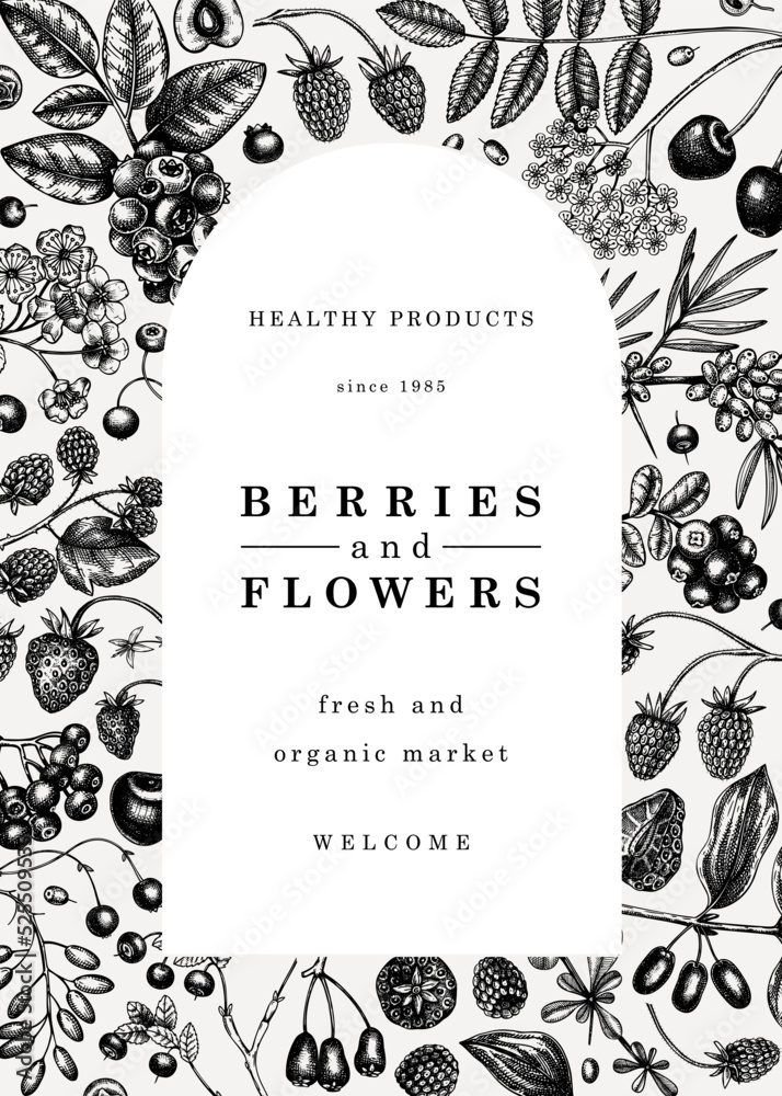 Wild berries card or invitation sketched style. Hand drawn fruits and ...