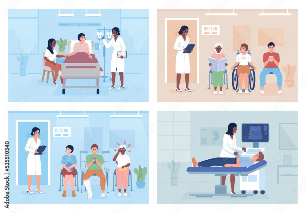 Doctor and patients in hospital flat color vector illustrations set ...