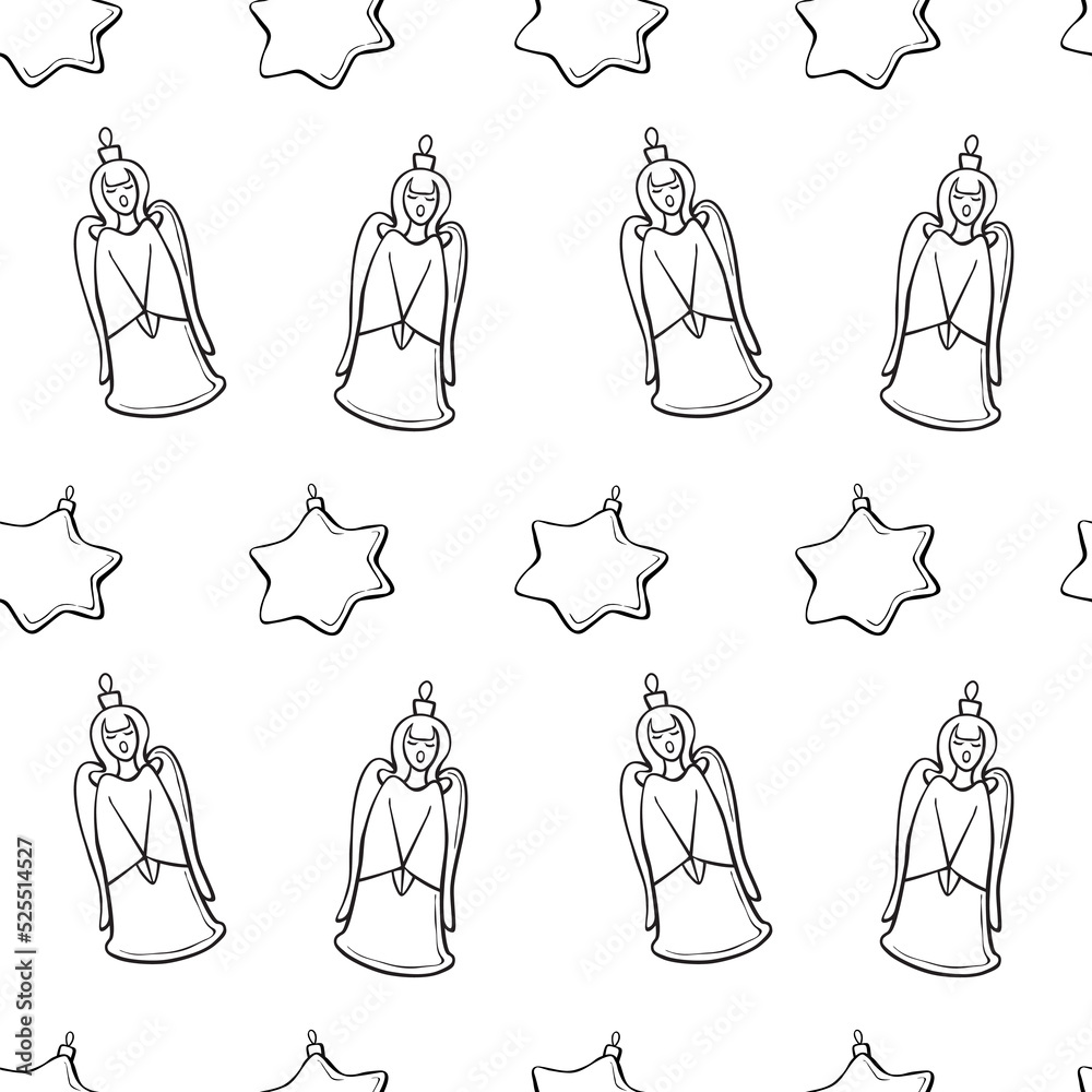 Vector seamless pattern with outline singing angels and stars ...