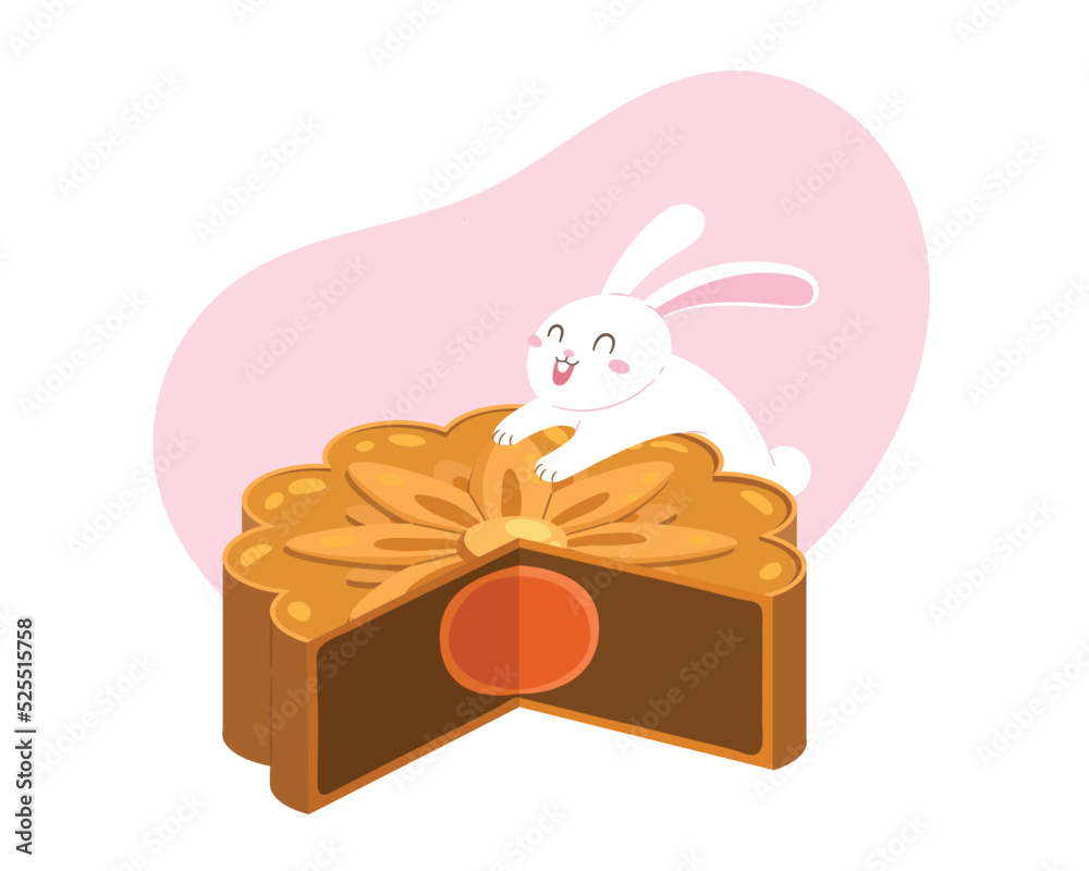 Cute white rabbit on Red Bean Mooncakes With Salted Egg Yolk isolated ...