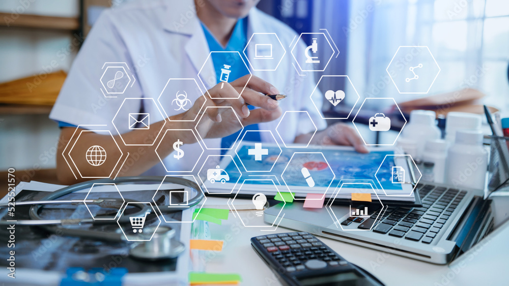 Medicine doctor woman hand working with computer virtual dashboard as ...