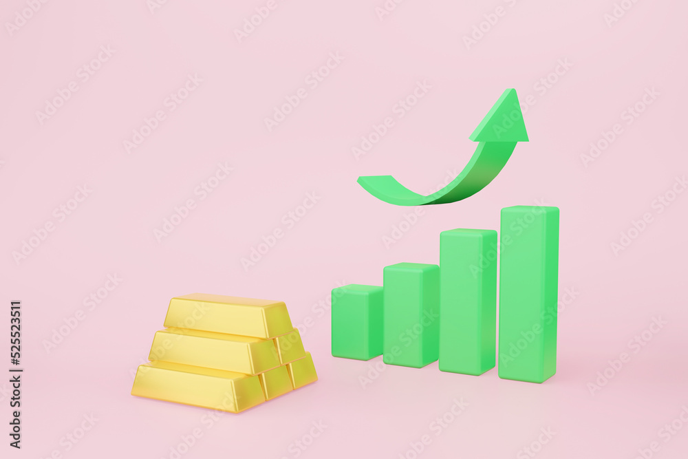 gold chart Bullish up trend green arrow pink background. Realistic 3D ...