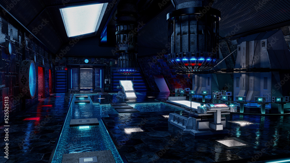 Dark atmospheric futuristic science fiction alien technology lab room ...
