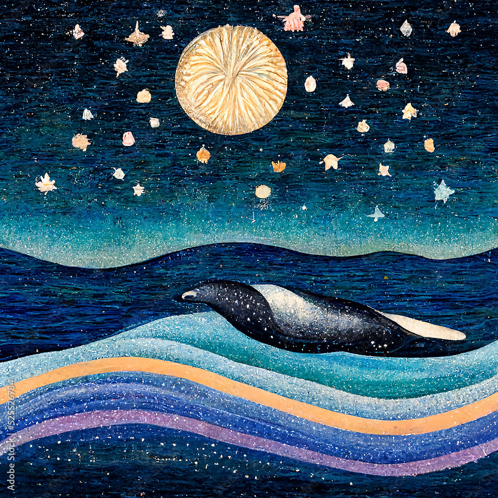 Whale Swimming in the Ocean Wallpaper, Naive Art, Sea Waves ...