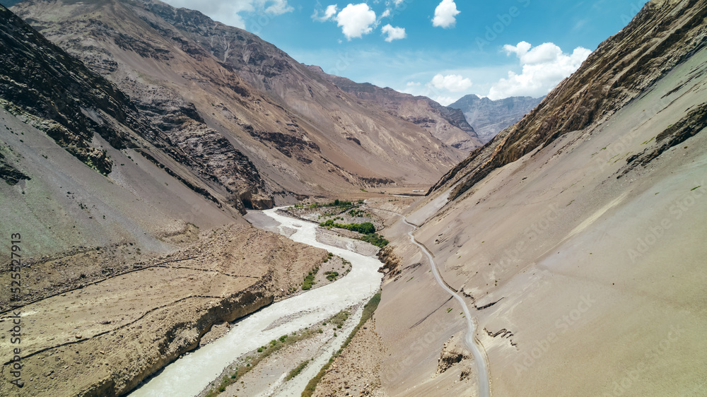aerial landscape of Spiti Valley river flowing between Himalayan ...