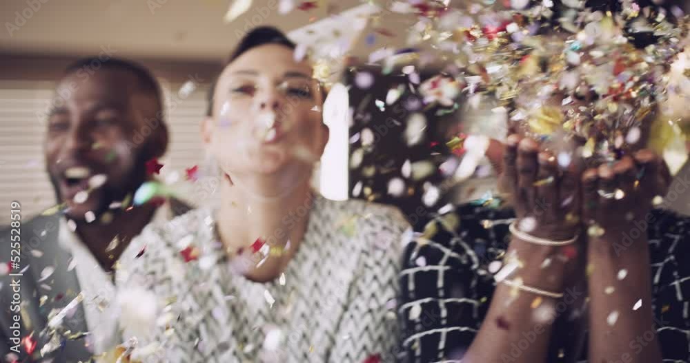 Friends celebrate birthday party with confetti, happy group of people ...