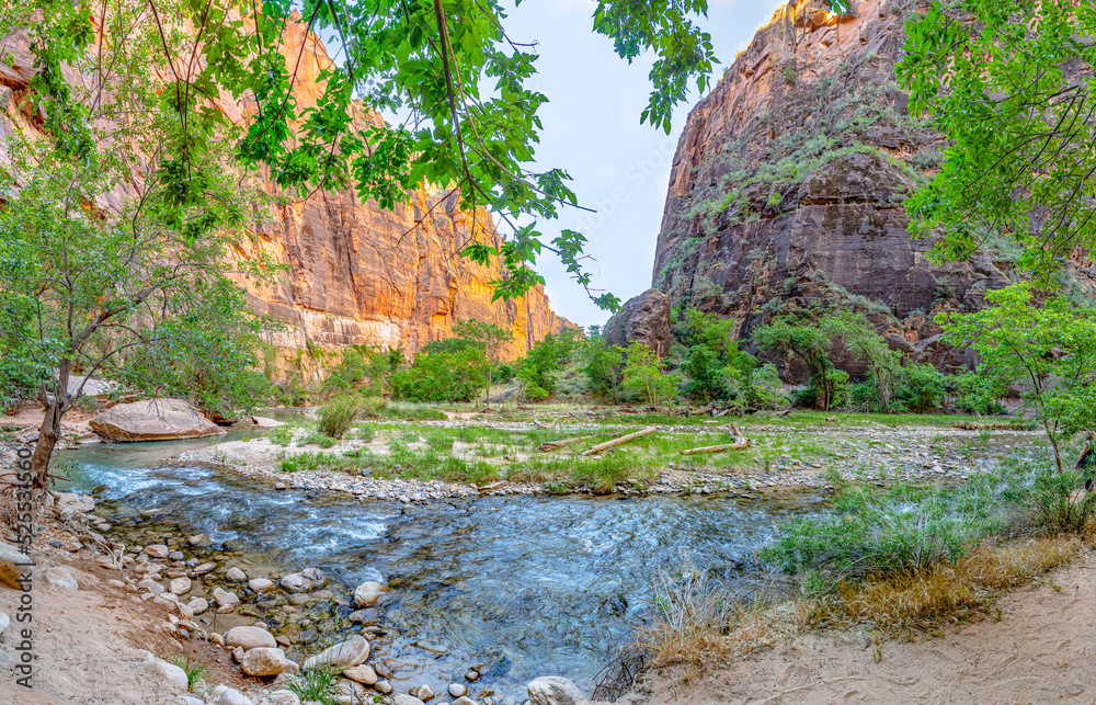 Virgin river at Zion National park vertical view of riverbed with Zion ...