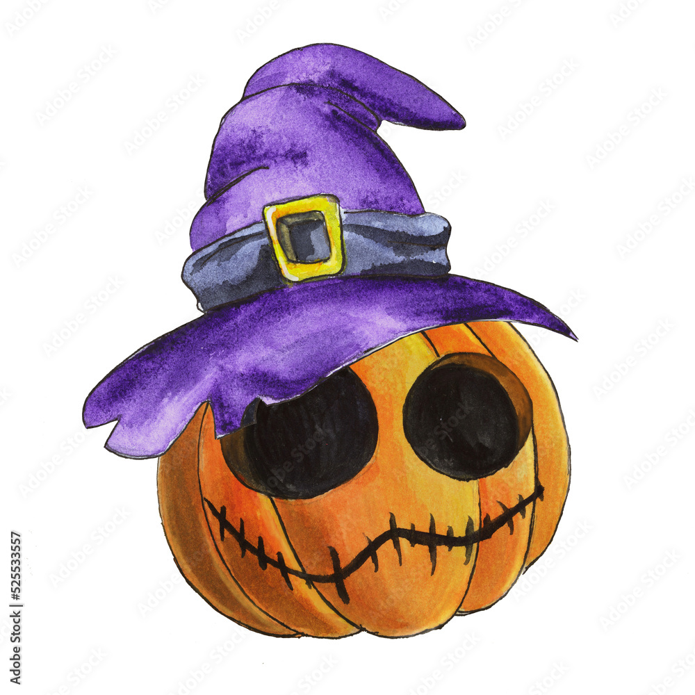 Pumpkin watercolor illustration. Witch hat hand draw halloween art ...