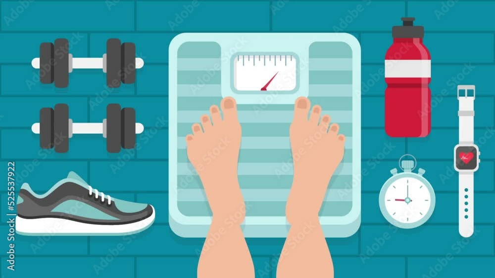 An animated scene of someone stepping on a weighing scale. Other ...