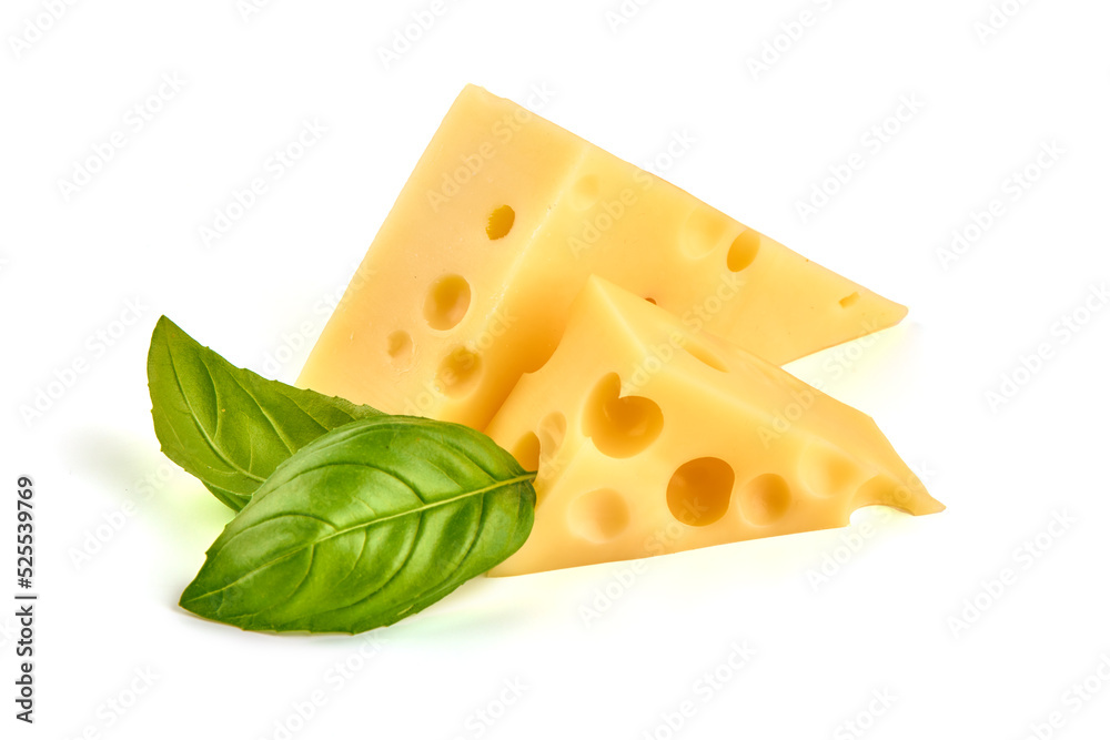 Emmental cheese triangle with basil, Swiss cheese, isolated on white ...