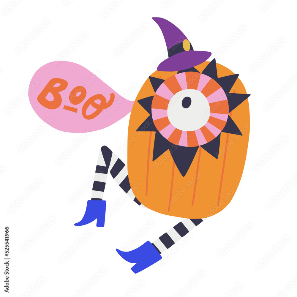 Funny hand drawn cyclops pumpkin with eye and legs, sitting and saying ...