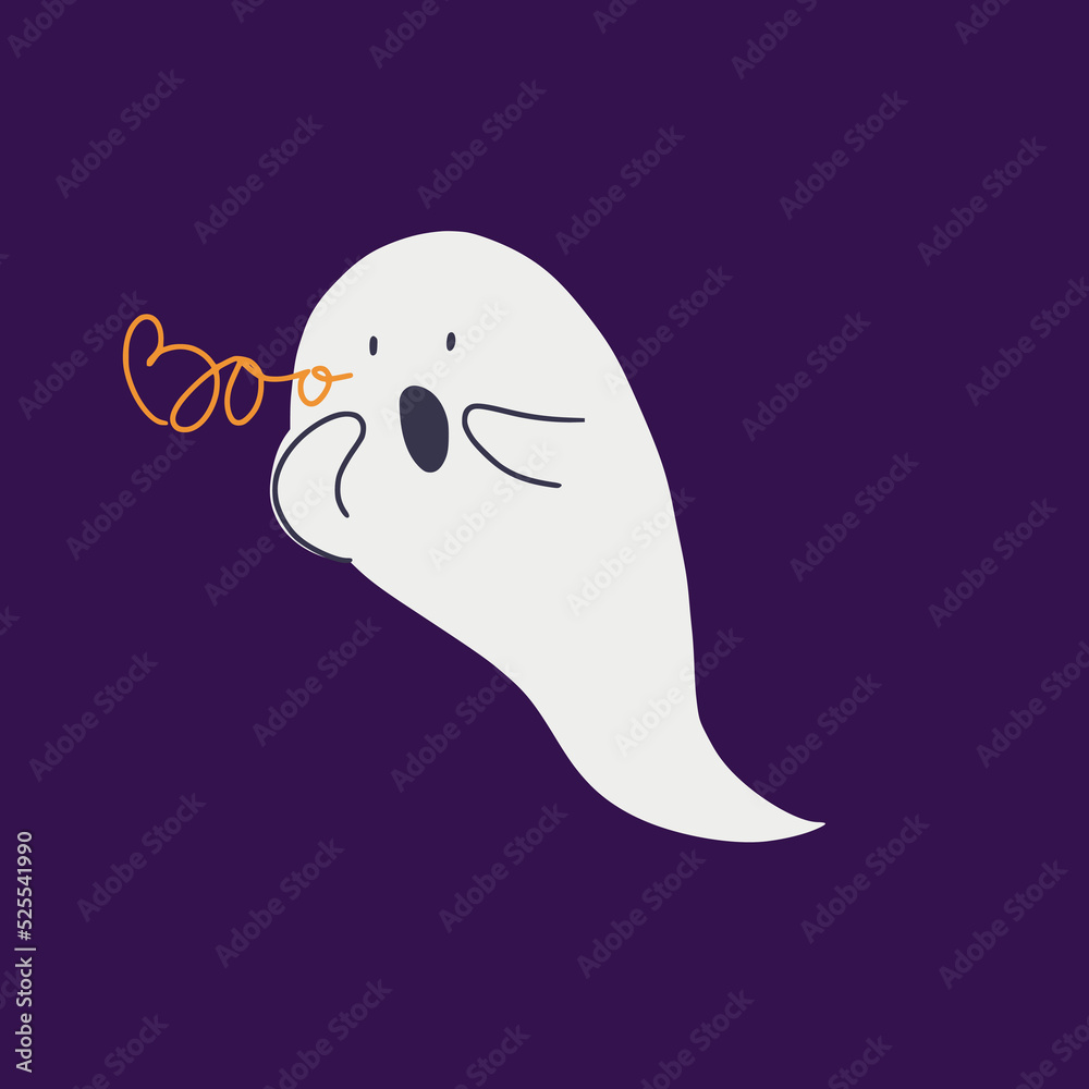 Spooky cartoon ghost with Boo lettering, isolated on purple background ...