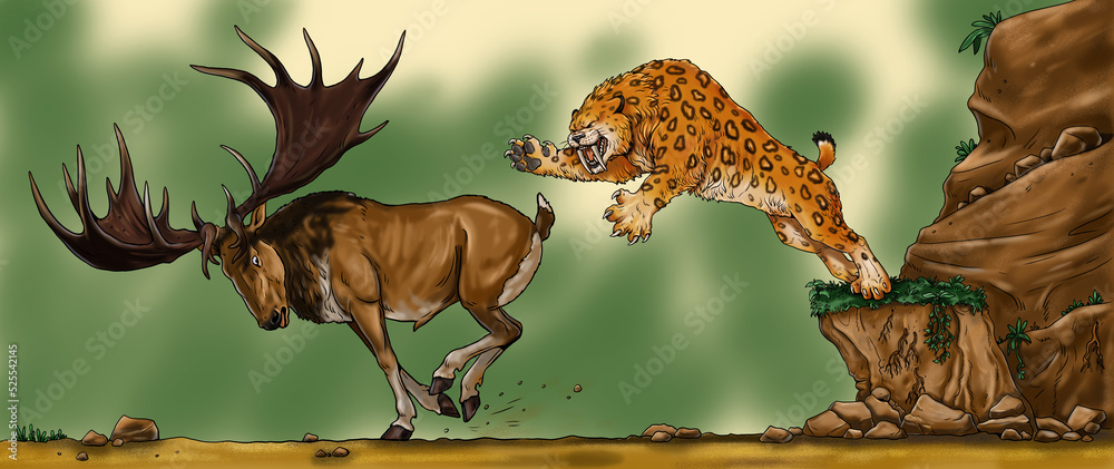Saber Tooth attacks the gigantic deer megaloceros. Drawing with extinct ...