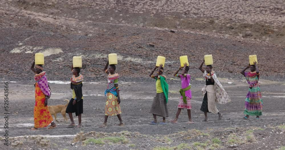 Climate change,drought,water crisis.Side view.African woman walking ...