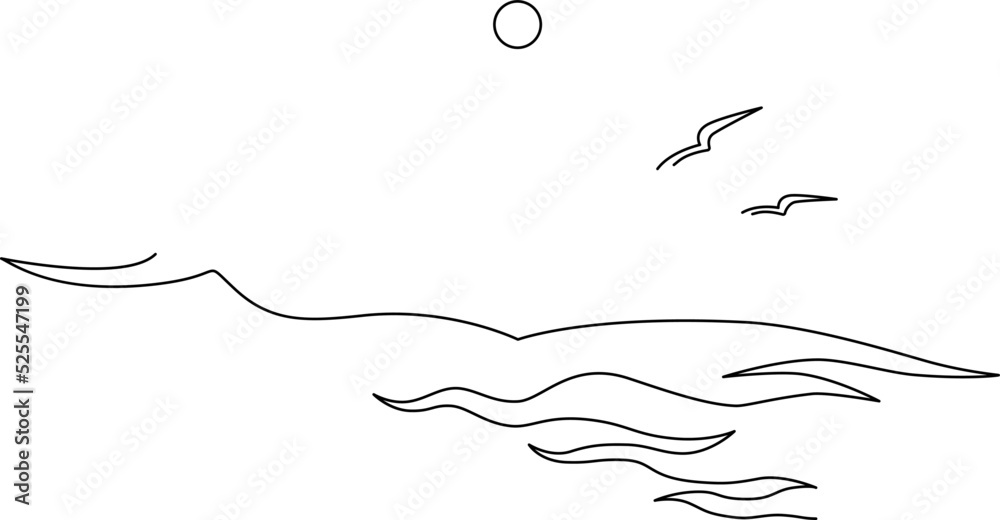 Seascape with waves, seagulls and sun. Continuous line drawing. Linear ...