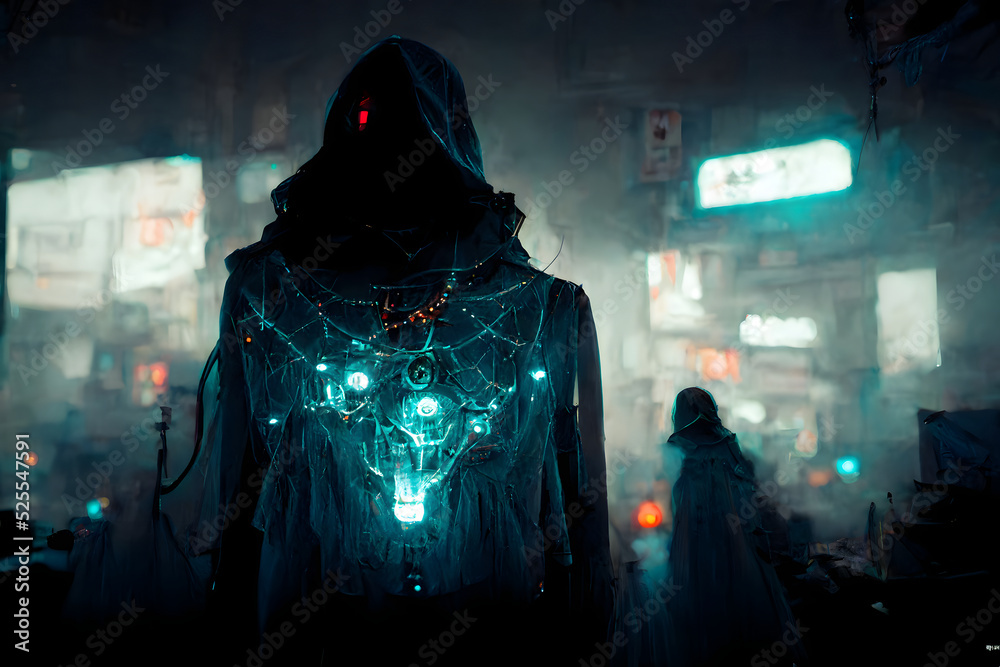 dark cybermage, cyberpunk sorcerer in a cloak with a hood, neural ...