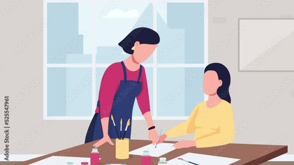 Animated art class illustration. Instructor with student. Creative ...