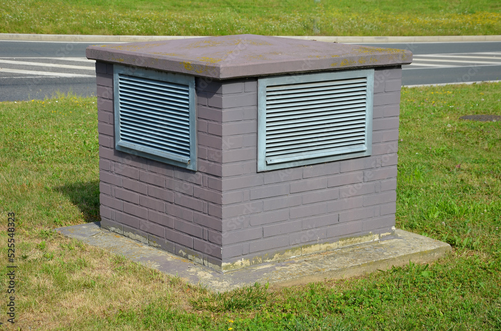 cube-shaped ventilation grid boxes. slats cover the air recovery ventilation pipe of a ...