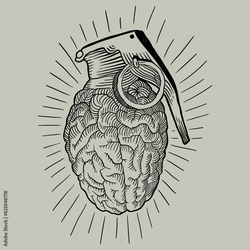 hand grenade in the form of a brain.vector illustration.hand drawn ...