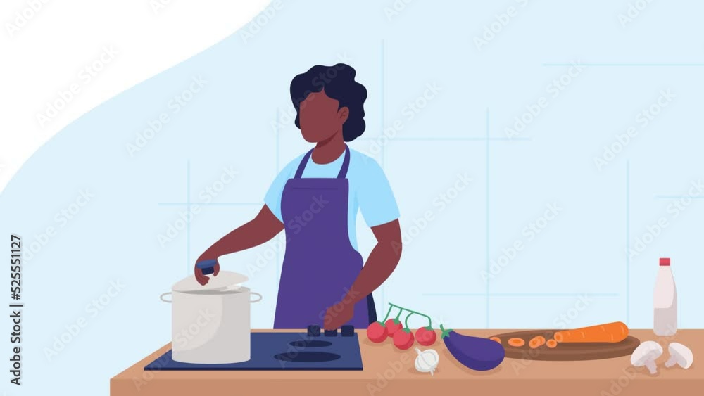 Animated culinary class illustration. Look at boiling water in pot ...