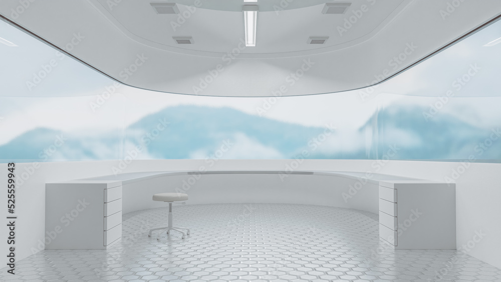 Empty white scientific laboratory. Outside are mountains and clouds ...