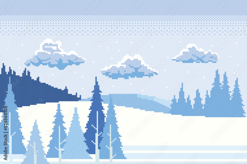 winter pixel art, winter beauty there are fir trees covered in white ...