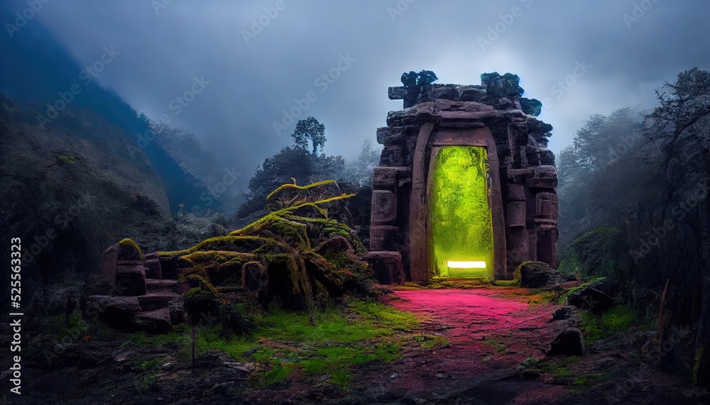 Glowing portal in ancient stone arch against bare autumn forest ...