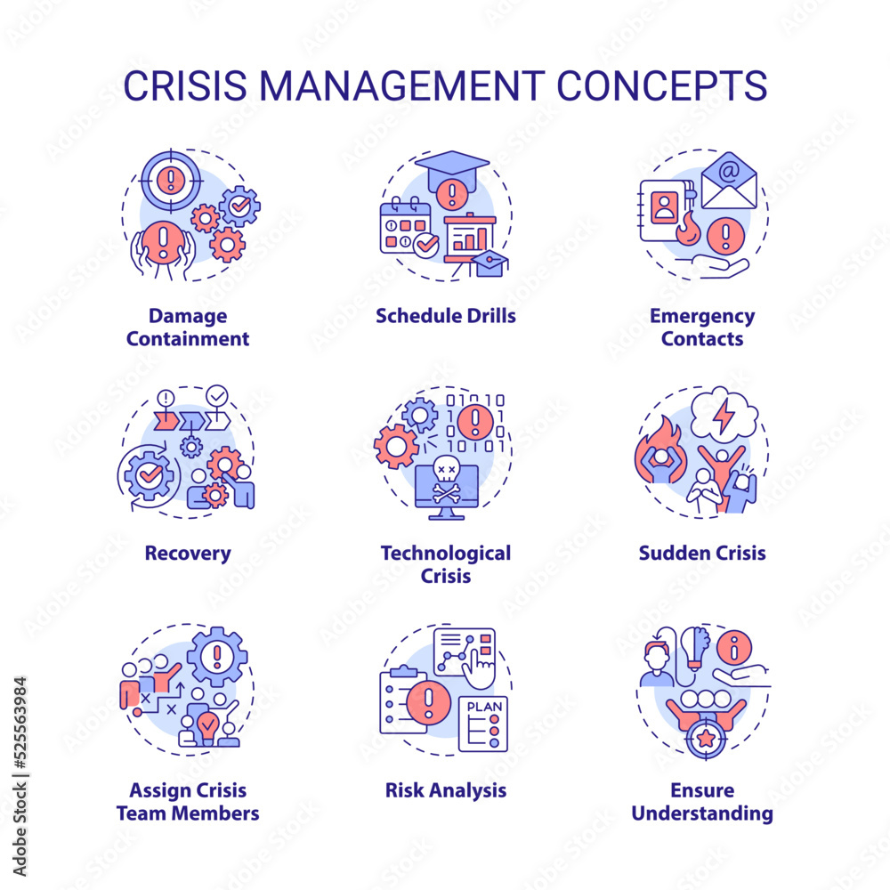 Crisis management concept icons set. Preventive measures. Risk control ...