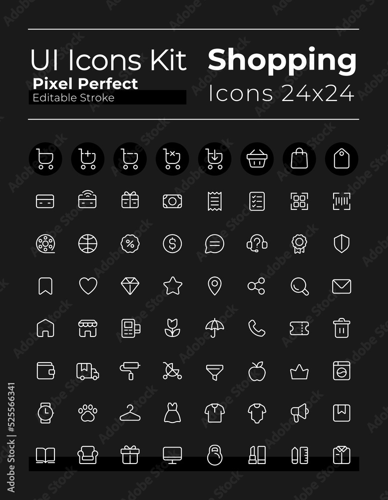 E commerce pixel perfect white linear ui icons set for dark theme. Retail. Isolated user ...