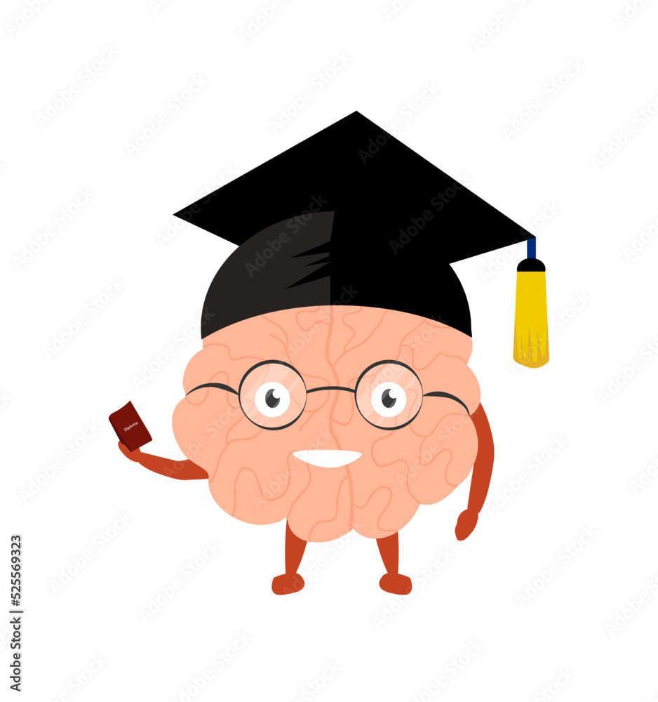 Cute brain character with black graduation cap and diploma. Cartoon ...