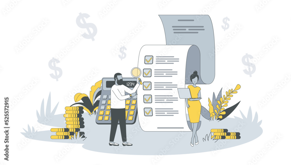 Accounting concept in flat design with people. Man and woman ...