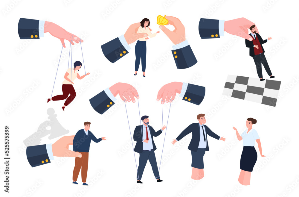 Business tiny people puppets holding huge hand controlling manipulation ...