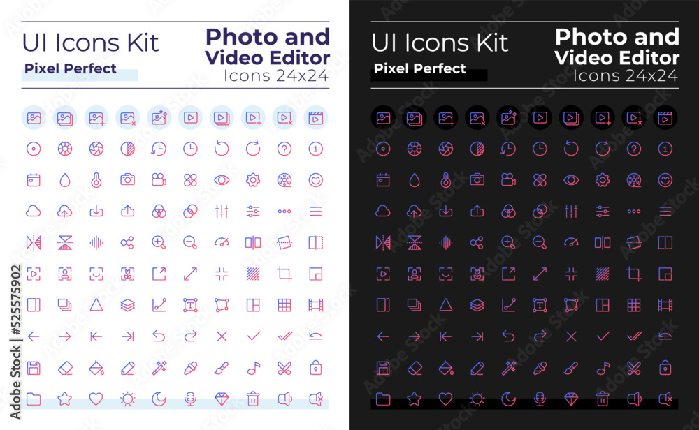 Photo and video editor pixel perfect gradient linear ui icons set for dark, light mode. Line ...