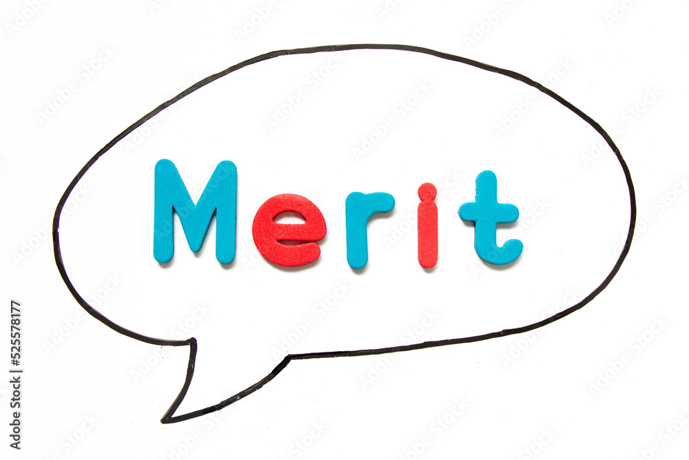 Alphabet letter with word merit in black line hand drawing as bubble ...