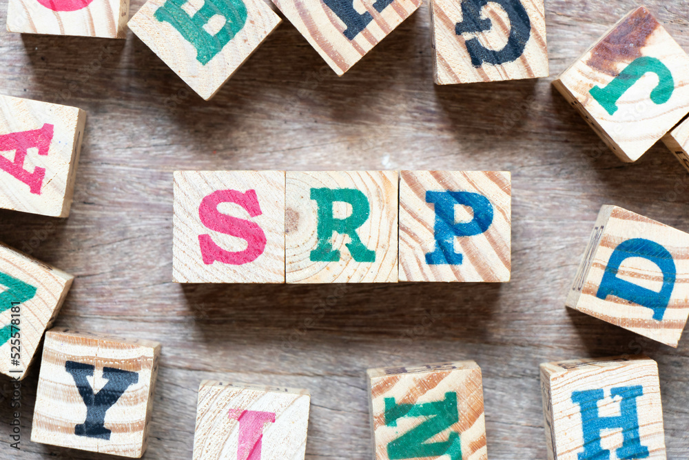 Alphabet letter block in word SRP (Abbreviation of suggested retail ...