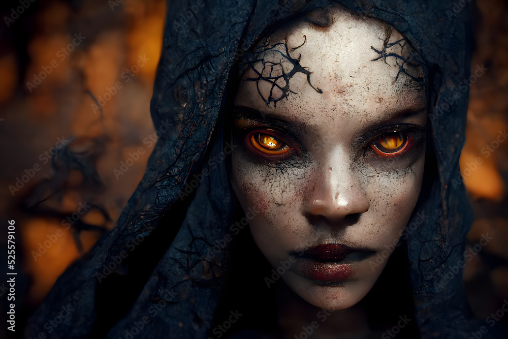 facial portrait of fantasy witch woman in black hood with yellow eyes ...