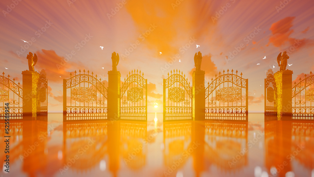 Golden gates of heaven opening against magical sunset and flying white ...