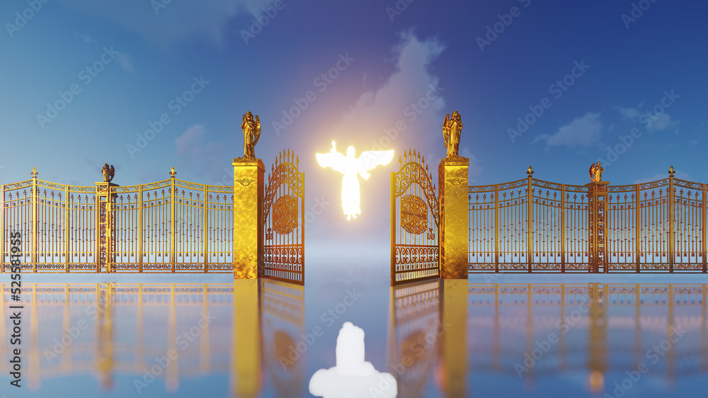 Golden gates of heaven opening to reaveal glowing floating angel Stock ...