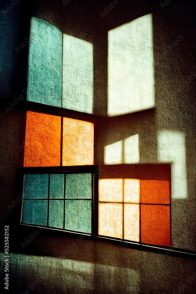 Abstract square building window frames, multi colored blocks and blurry ...