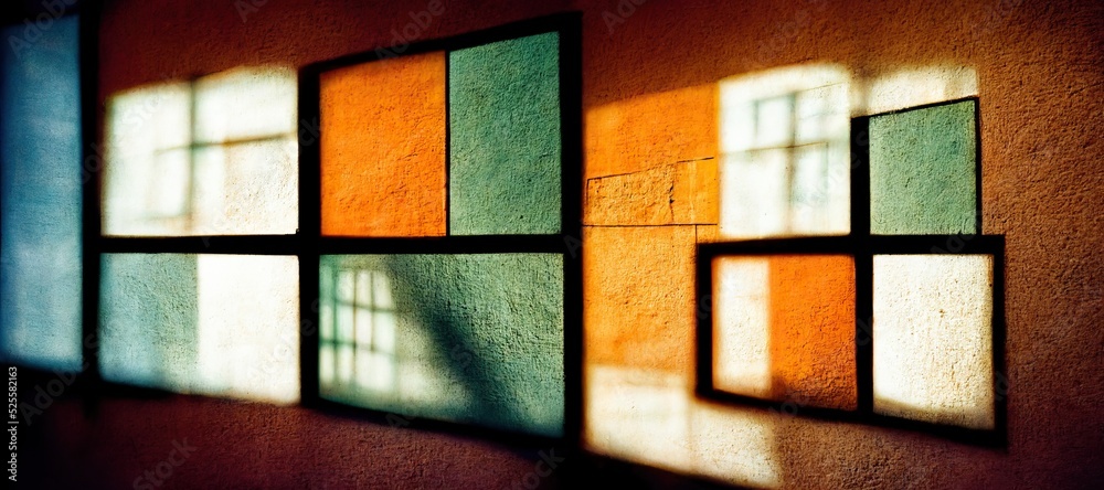 Abstract square building window frames, multi colored blocks and blurry ...
