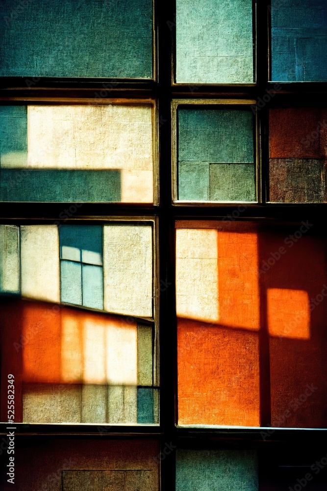 Abstract square building window frames, multi colored blocks and blurry ...