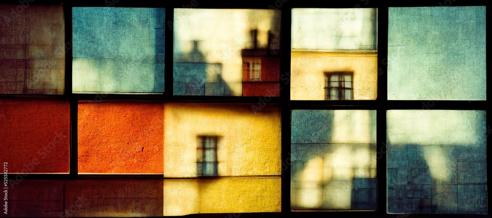 Abstract square building window frames, multi colored blocks and blurry ...